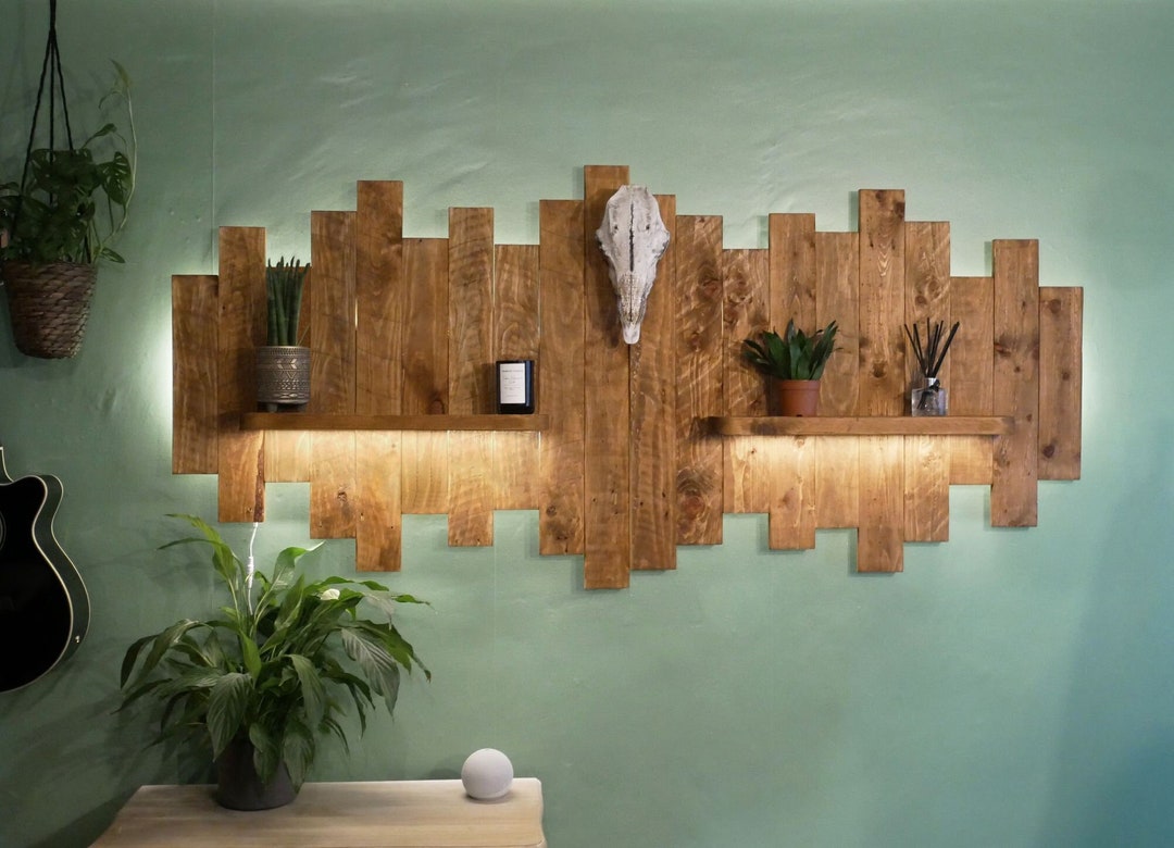 Handmade Reclaimed Wood LED Wall Panel With Shelves - Etsy UK
