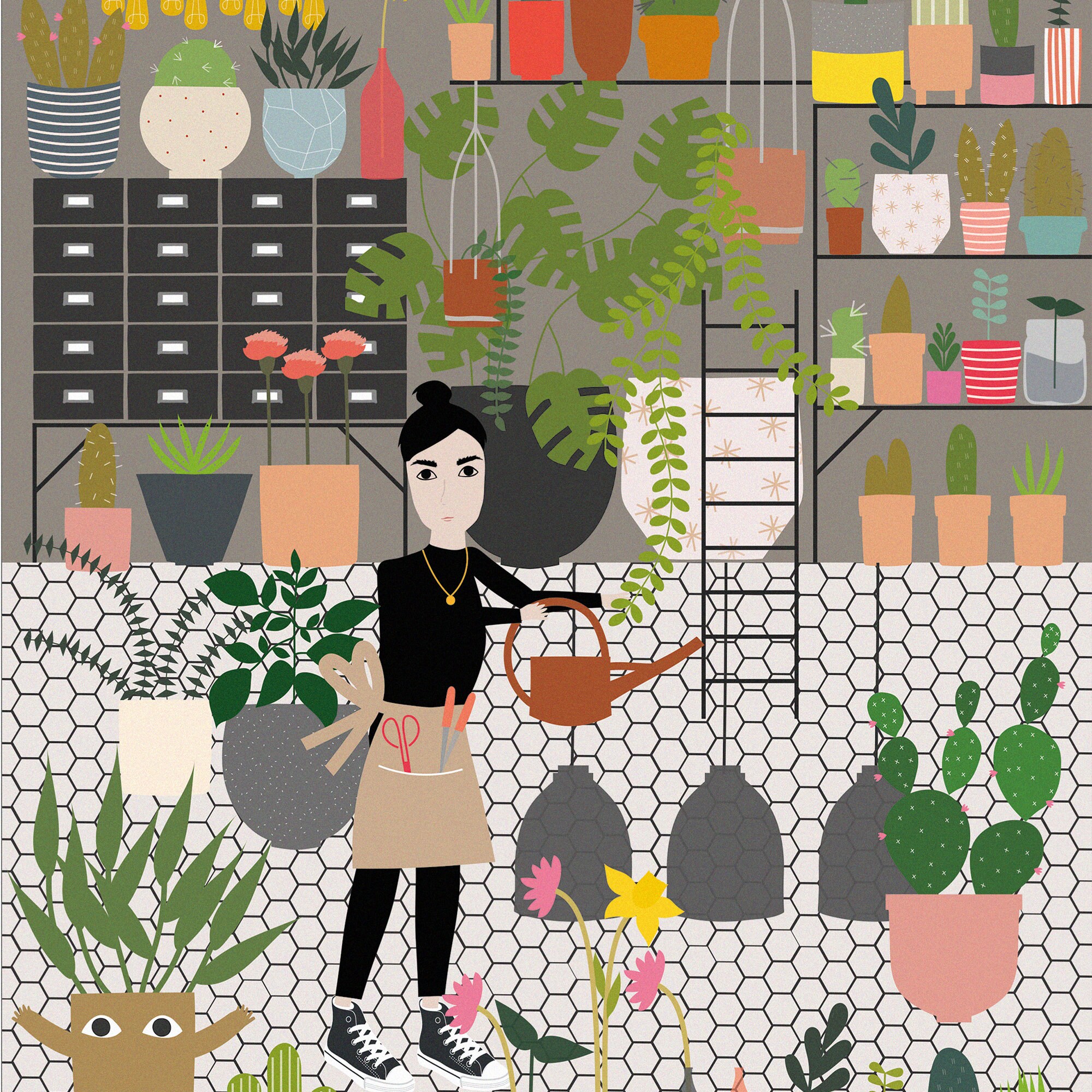 Greenhouse Girl & Her Plants A4 Art Print, Plant Obsession Gift, Wall ...