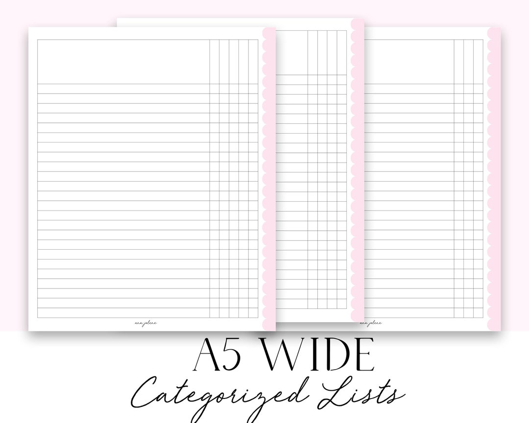 A5 Wide Categorized Lists - Etsy