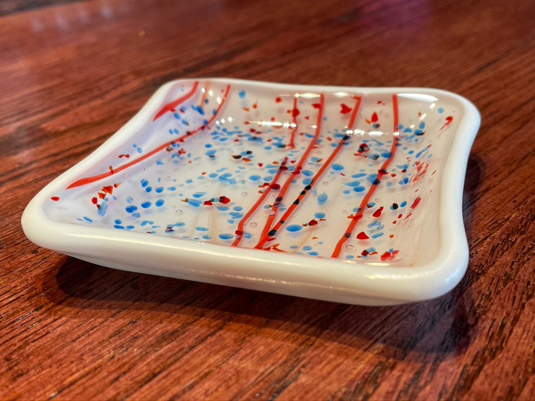 Red White and Blue Square Fused Glass Ring Jewelry Key Coin Dish for ...