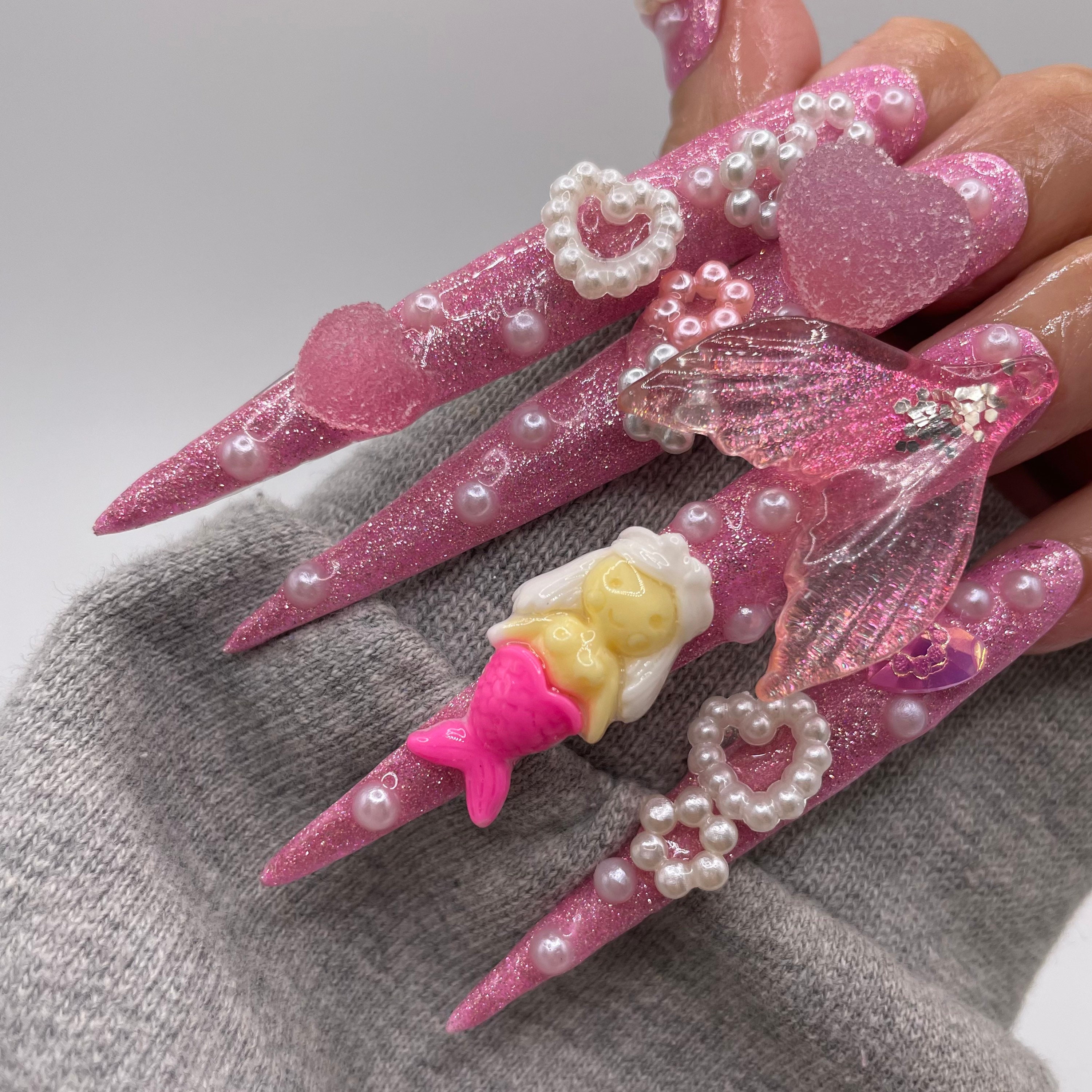 Pink Glitter Kawaii Stiletto Extendo Press on Nail Set - Etsy