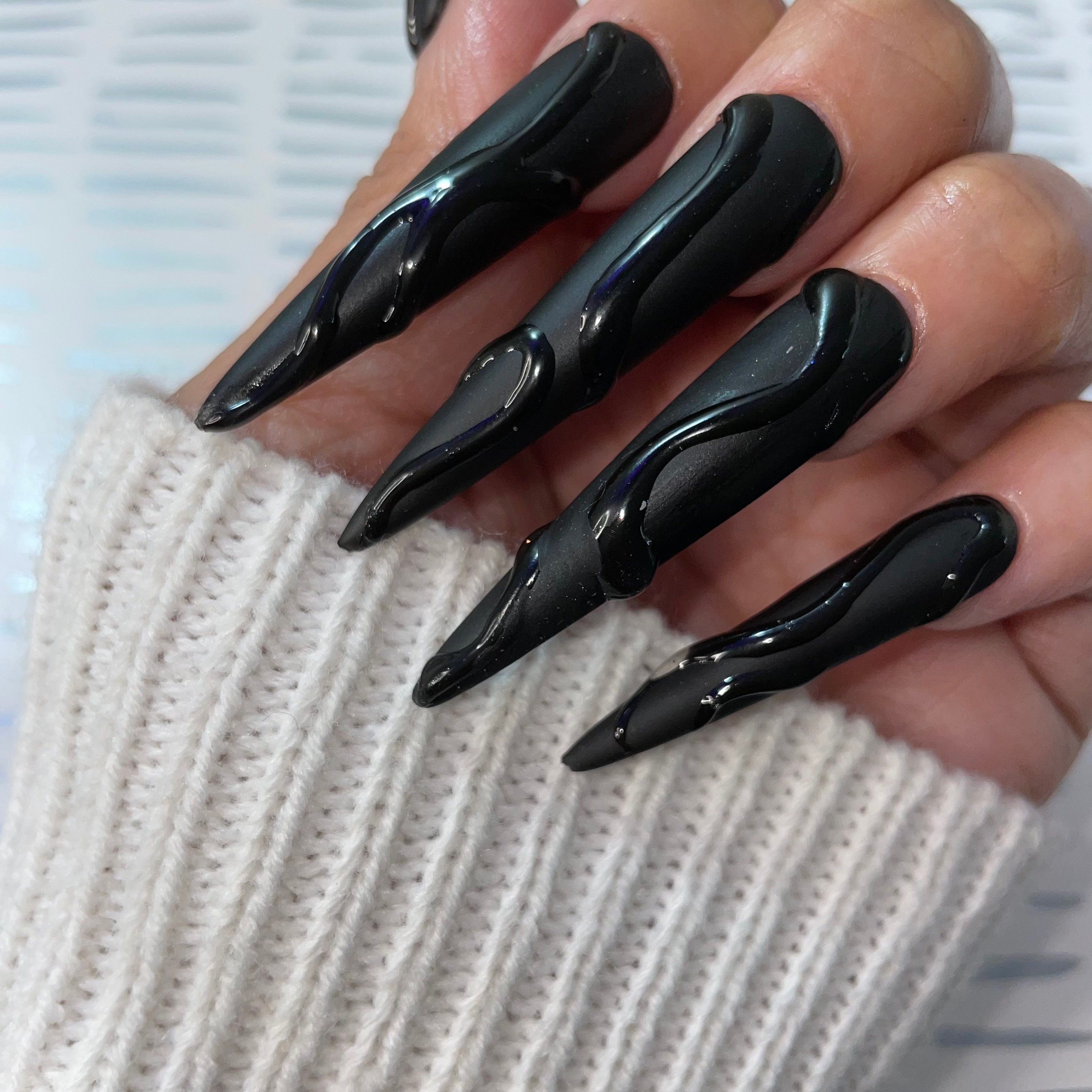 Black Matte 3D Abstract Press on Nail Set - Etsy