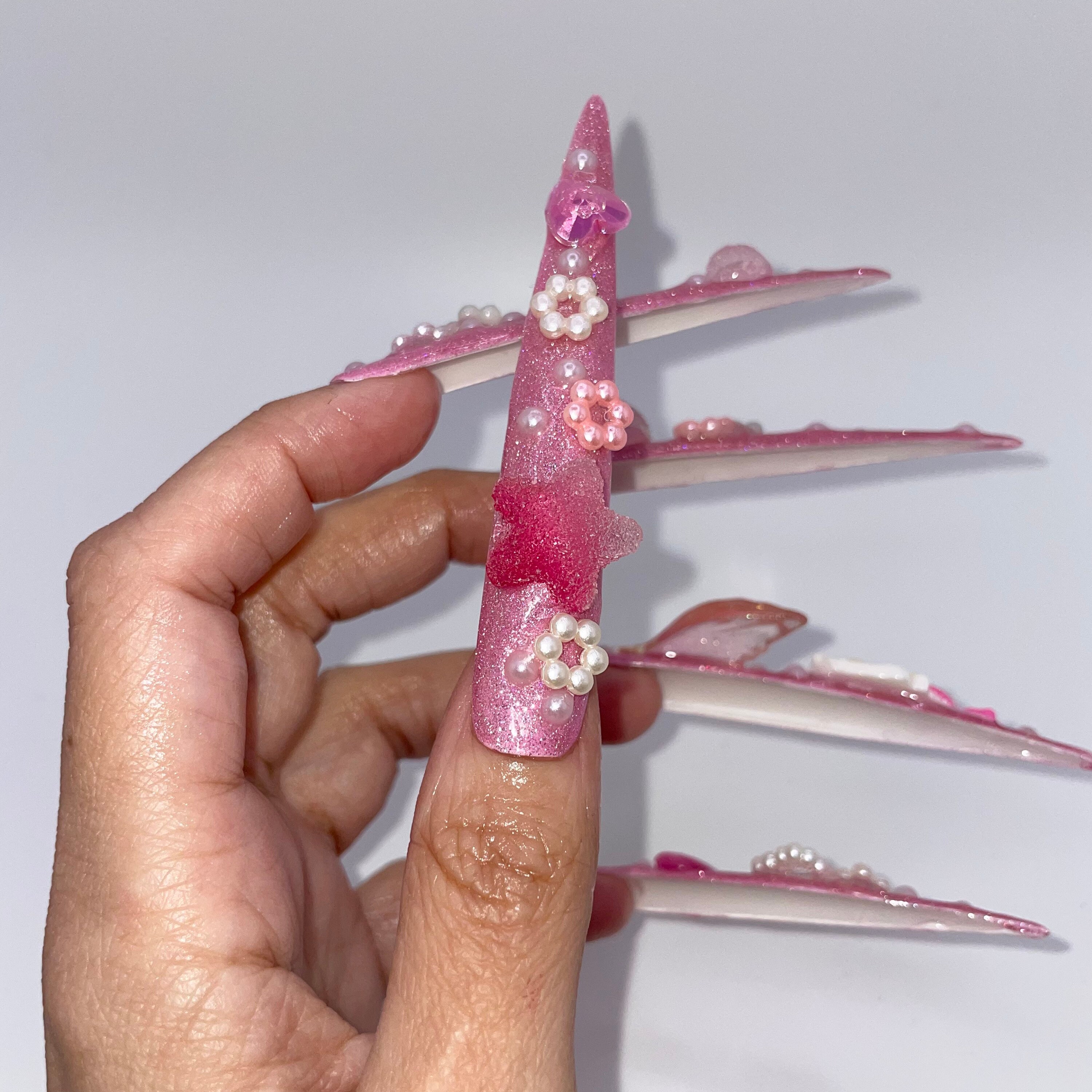 Pink Glitter Kawaii Stiletto Extendo Press on Nail Set - Etsy
