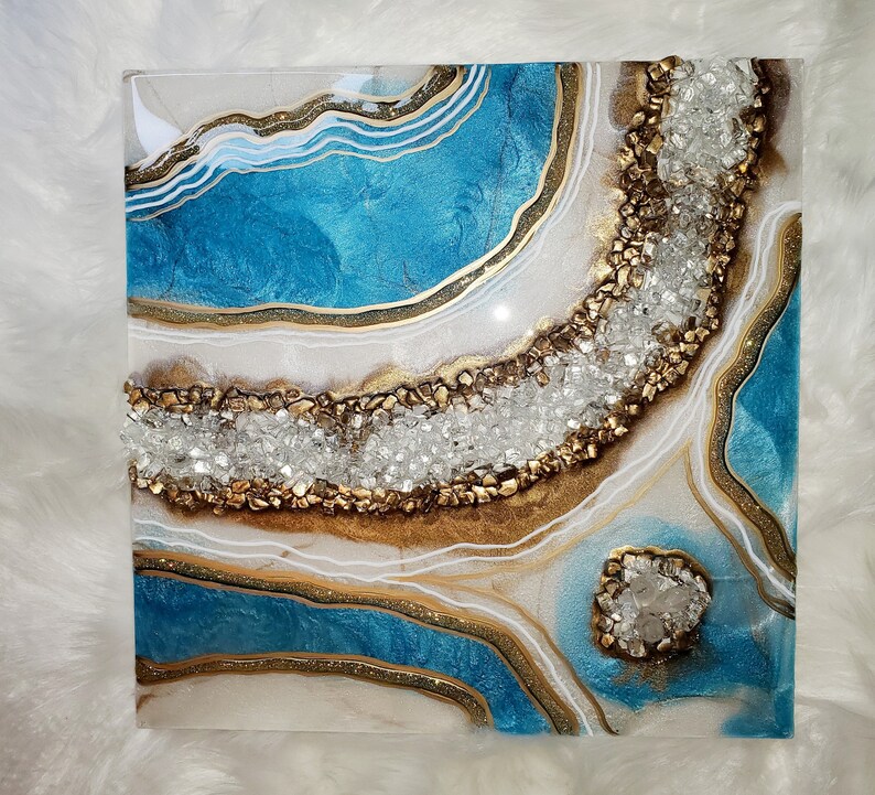 Resin Geode Art, Luxury Teal, Pearl White and Gold Geode Wall Art, 3D ...