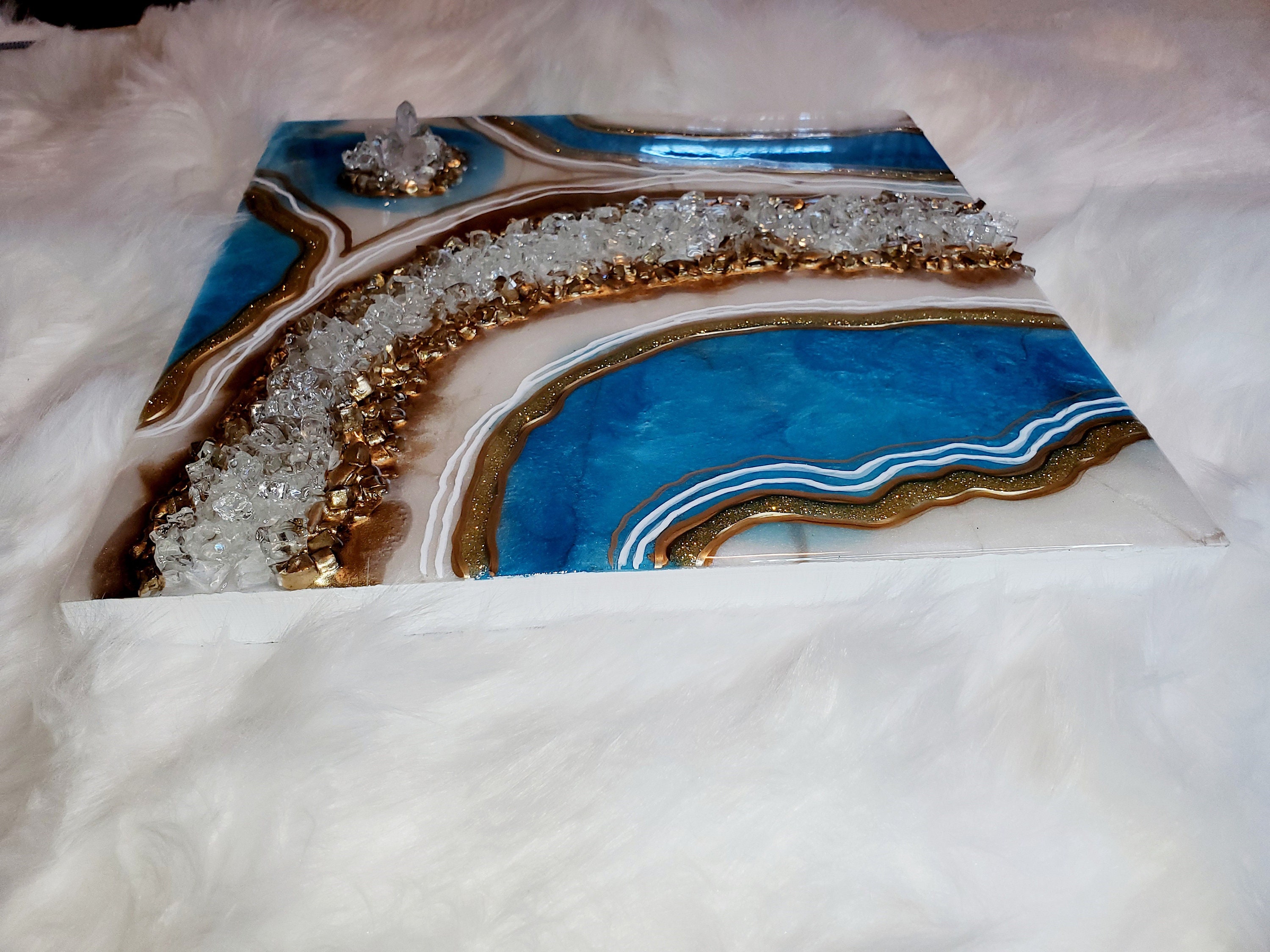 Resin Geode Art, Luxury Teal, Pearl White and Gold Geode Wall Art, 3D ...