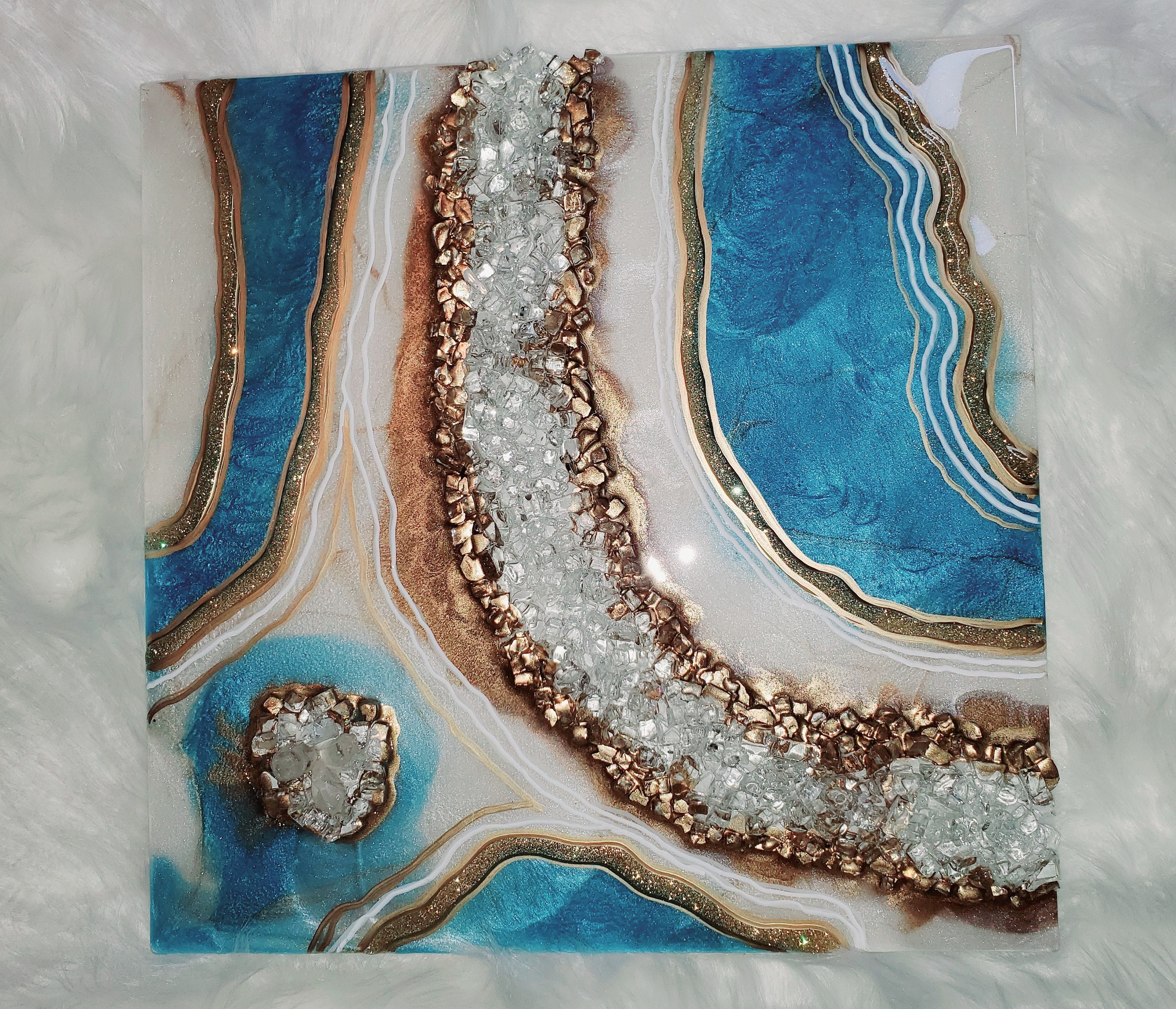 Resin Geode Art, Luxury Teal, Pearl White and Gold Geode Wall Art, 3D ...