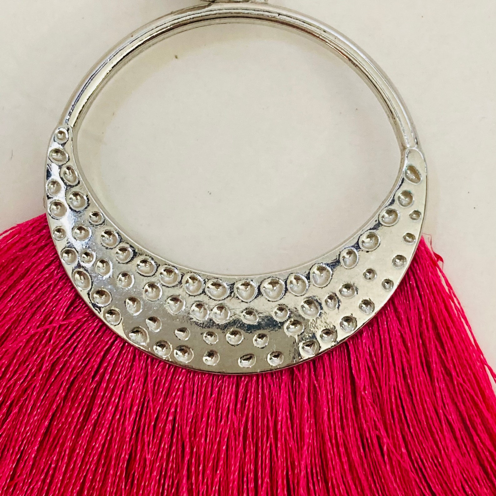 Hot Pink Fringe Earrings - Textured Metal Earrings - Hot Pink Earrings ...