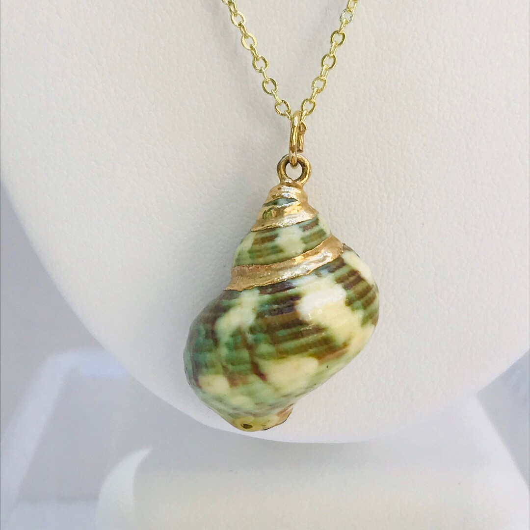 Green Seashell Necklace - Green and White Seashell Pendant - Gold ...