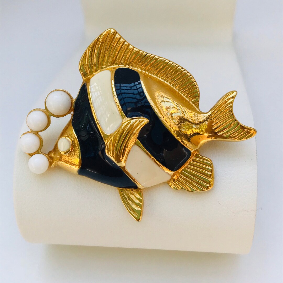 Fish Brooch Black and White Fish Pin Vintage Striped Fish Brooch - Etsy