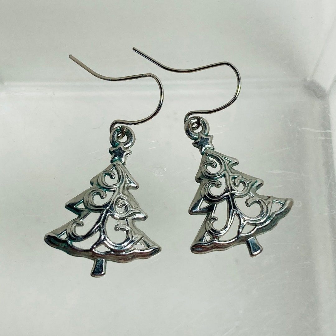 Silvertone Christmas Tree Dangle Earrings - Etsy