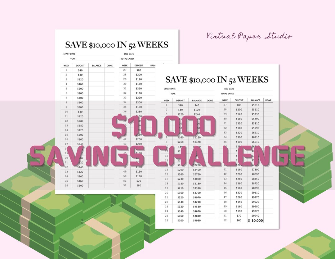52 Weeks Savings Challenge Save 10000 in 1 Year Money - Etsy
