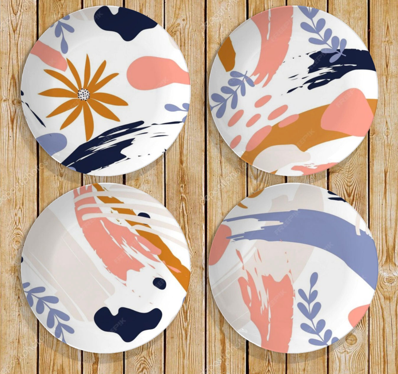 Set of Four 10 Inch Round Plates Mockup for Canva With Wood Background ...