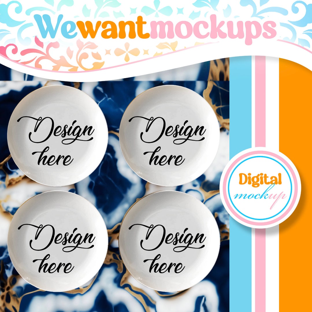 Set of Four 10 Inch Round Plates Mockup for Canva With Blue Marble ...