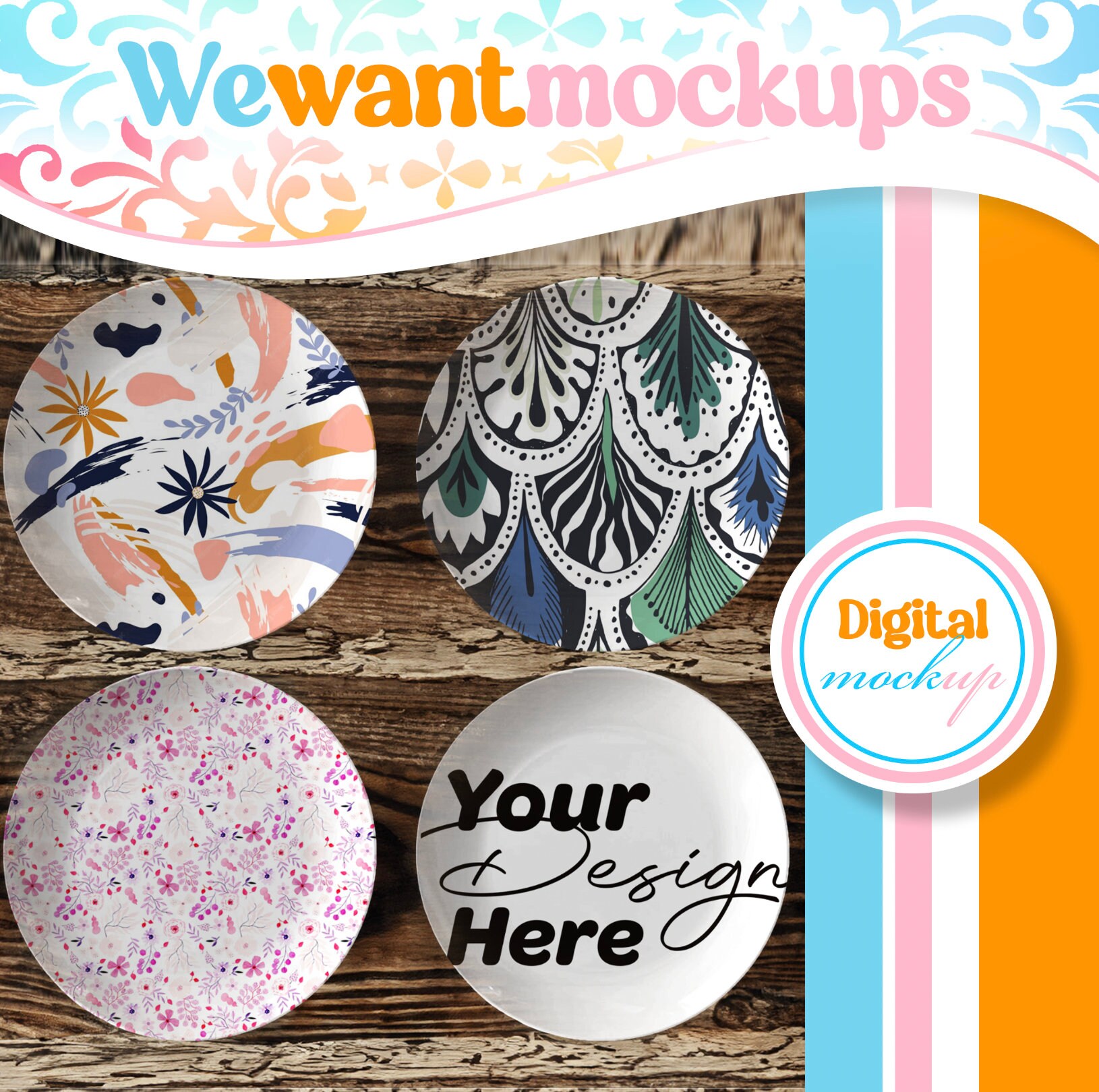 Set of Four 10 Inch Round Plates Mockup for Canva With Dark Wood ...