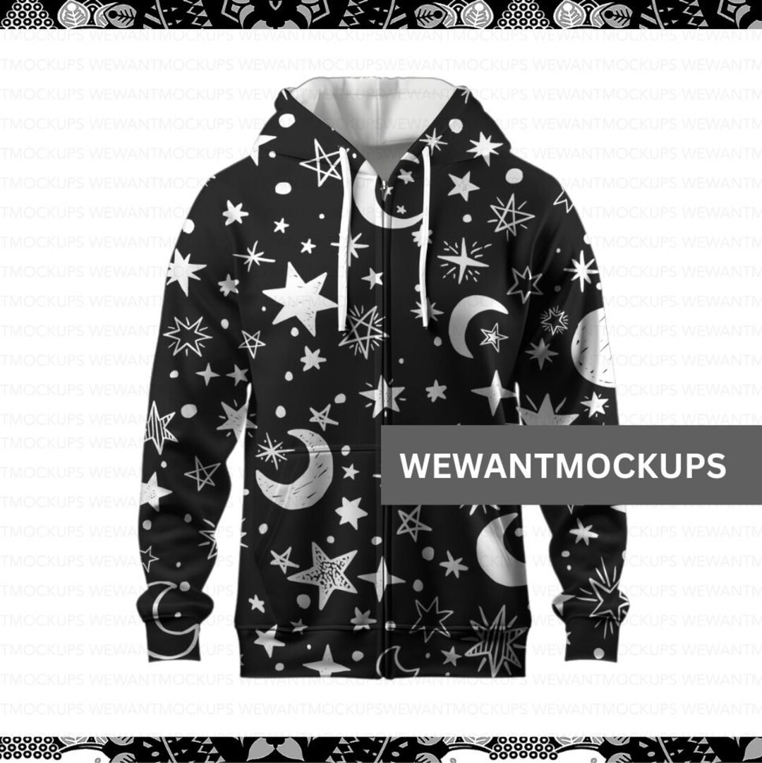 Streetwear Zip Up All Over Print Hooded Sweatshirt Mockup For Etsy