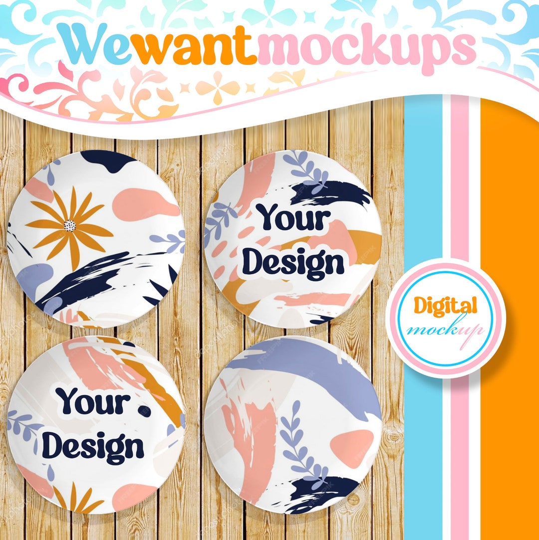 Set of Four 10 Inch Round Plates Mockup for Canva With Wood Background ...