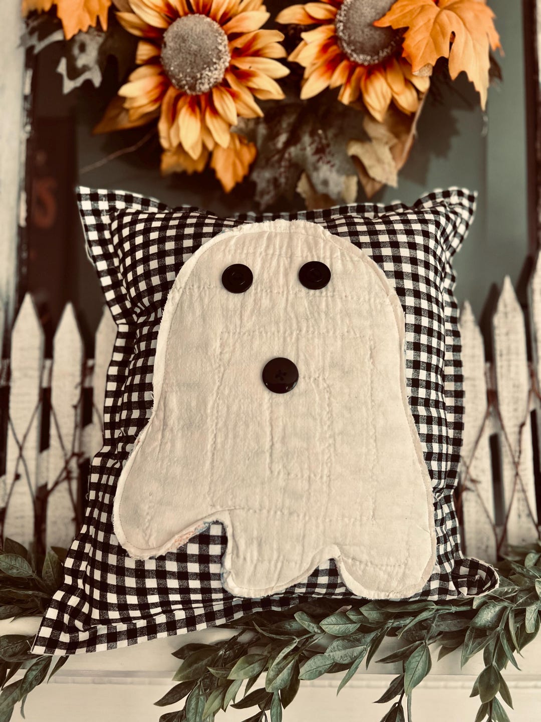 Quilted Ghost Buffalo Check Accent Pillow, Farmhouse, Spooky, Country ...