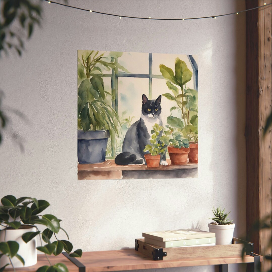 Tuxedo Cat Wall Art Print Poster Greenhouse Cat Art Print Premium Matte ...