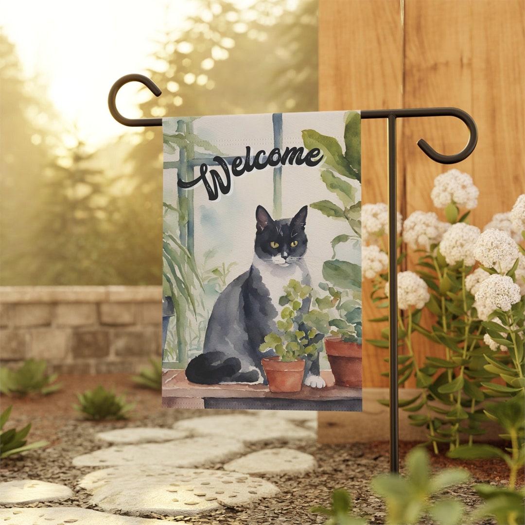 Welcome Cat Garden Flag Tuxedo Cat Garden Flag Watercolor Cat Welcome ...