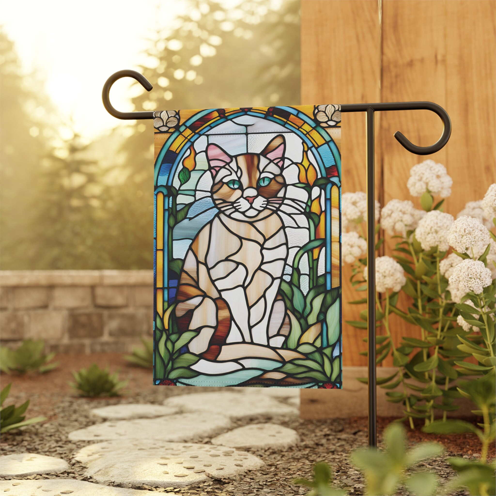 Calico Cat Garden Flag, Cat Garden Flag, Stained Glass Cat Welcome ...