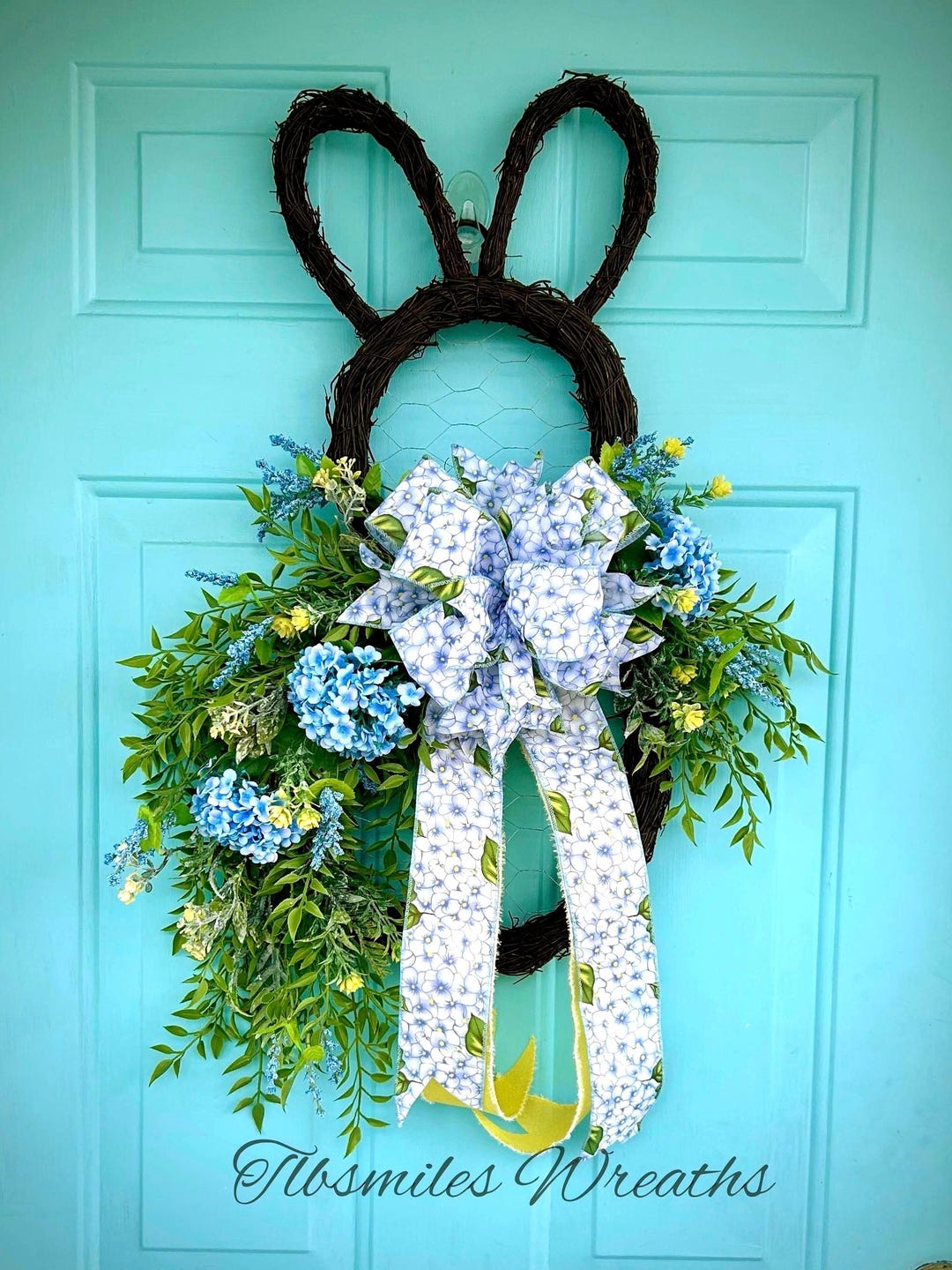 Easter Bunny Shaped Wreath Grapevine Wreath,swag, Blue Hydrangeas ...