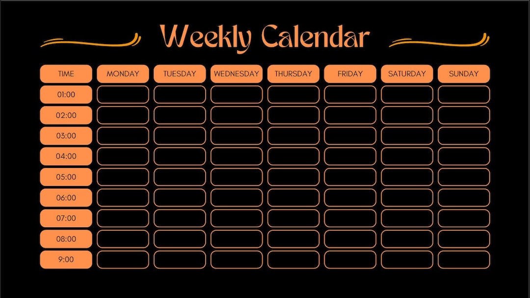 Printable Orange and Black Weekly Calendar, Blank Weekly Calendar With ...