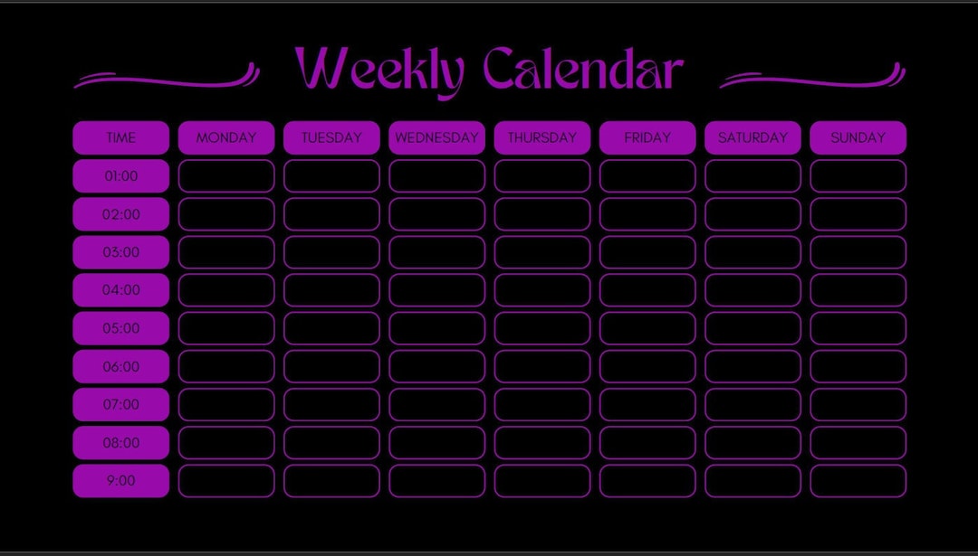 Printable Purple and Black Weekly Calendar, Blank Weekly Calendar With ...