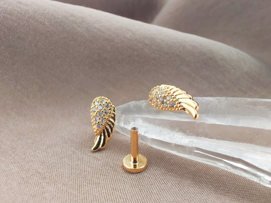 16G PAIR Gold CZ Angel Wing Cartilage Earrings, Flat Back Helix Stud ...
