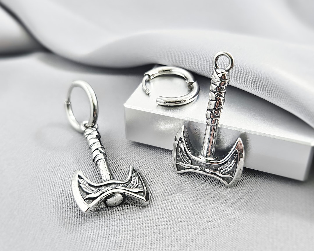 Double Axe Bird Raven Charm Hoop Earrings, 2 in 1 Removable Surgical ...
