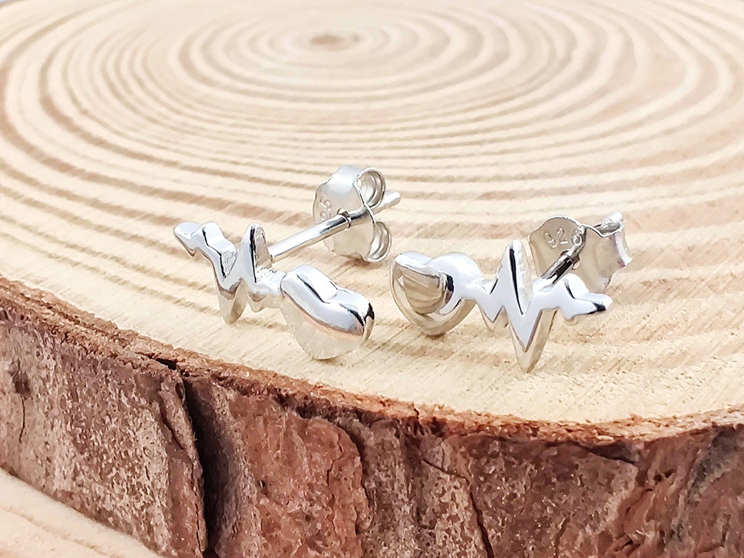Heartbeat Silver Stud Earrings, EKG Heart Post Studs, Nurse 925 ...