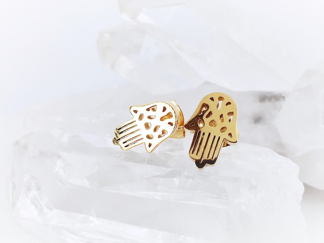 Hamsa Hand Gold Stud Earrings, Surgical Steel Hand Earrings, Hand of ...