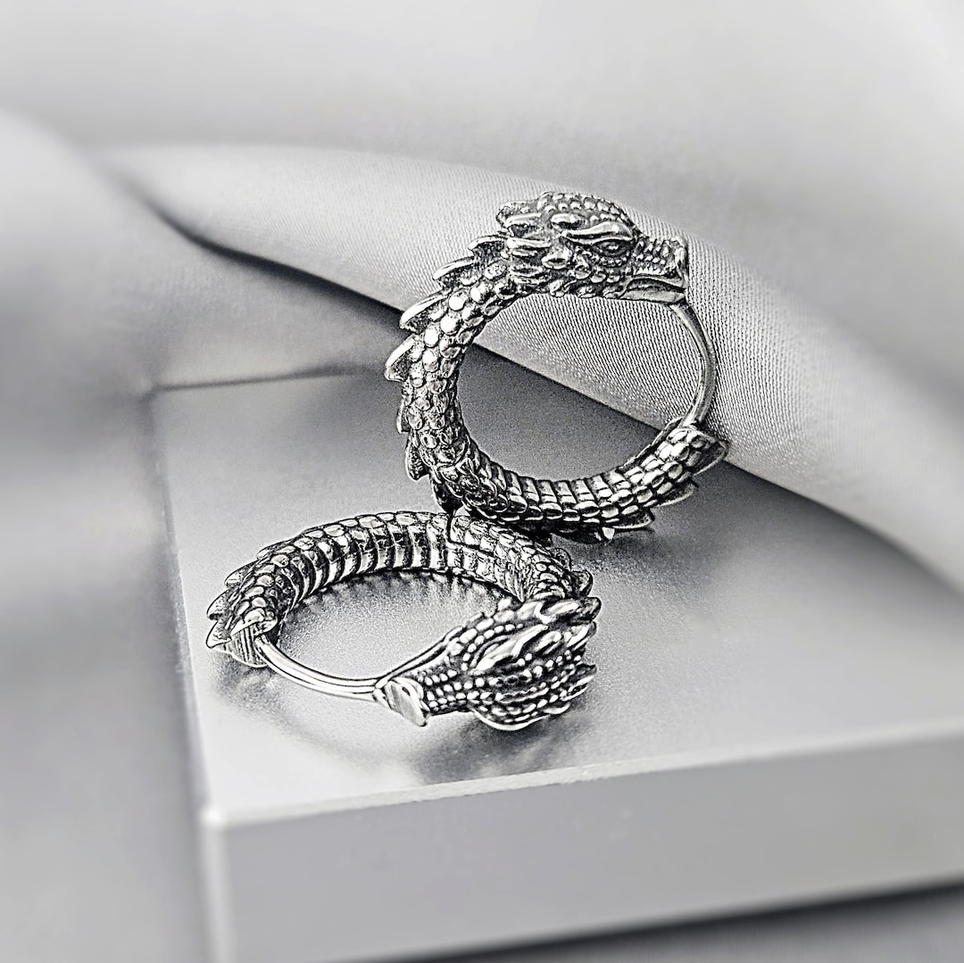 Cool Dragon Hoop Earrings for Men, Surgical Steel Antique Dragon ...