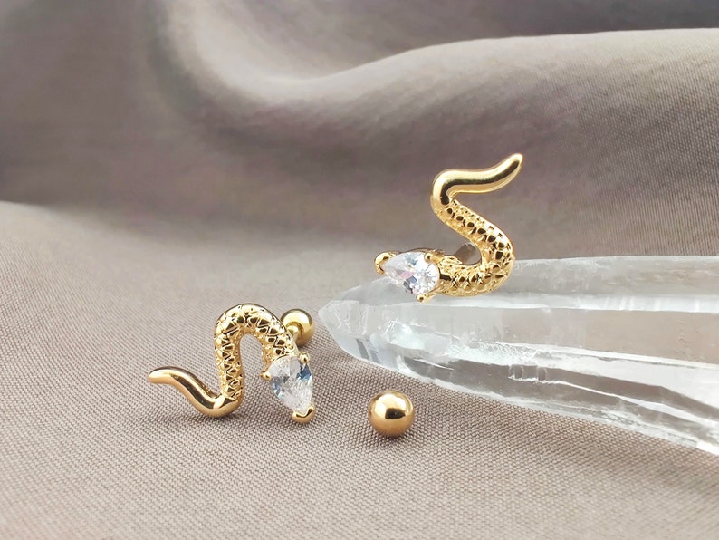 16G PAIR Gold CZ Snake Cartilage Earrings Serpent Screw Back - Etsy