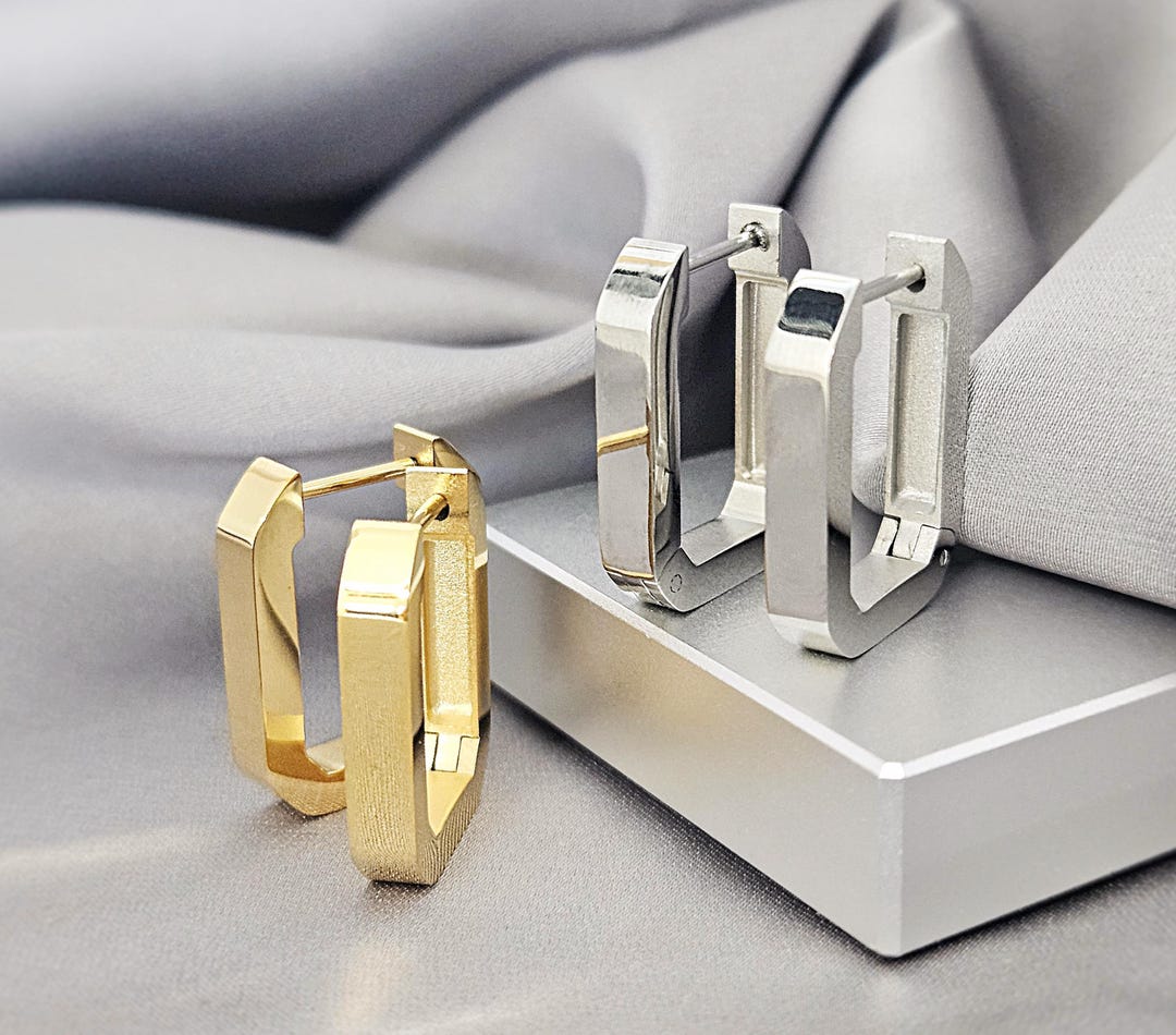 Geometric Chunky Thick Rectangular Gold Hoop Earrings Mid Century ...