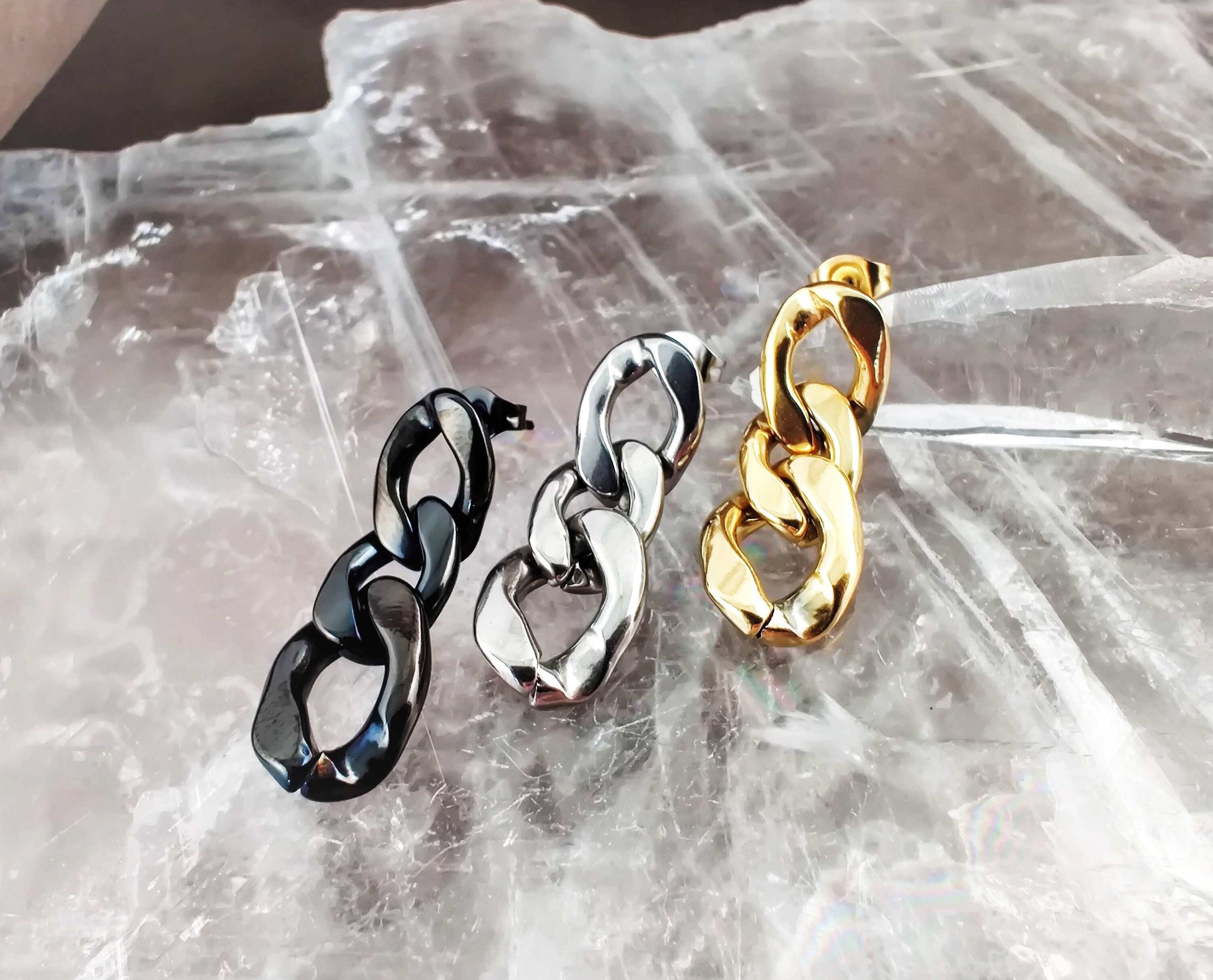 Chunky Black Cuban Link Chain Dangle Earrings Edgy Surgical - Etsy