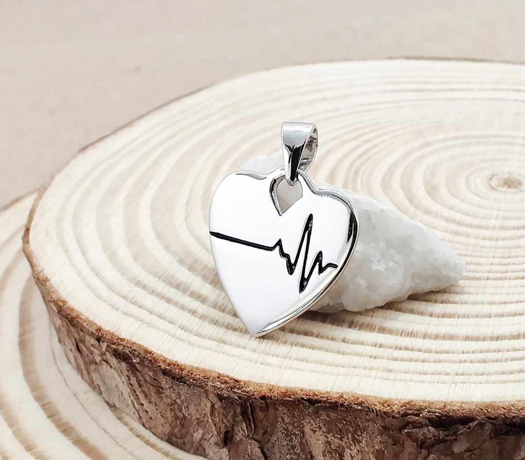 EKG Heart Silver Pendant Necklace, Heartbeat 925 Sterling Silver ...