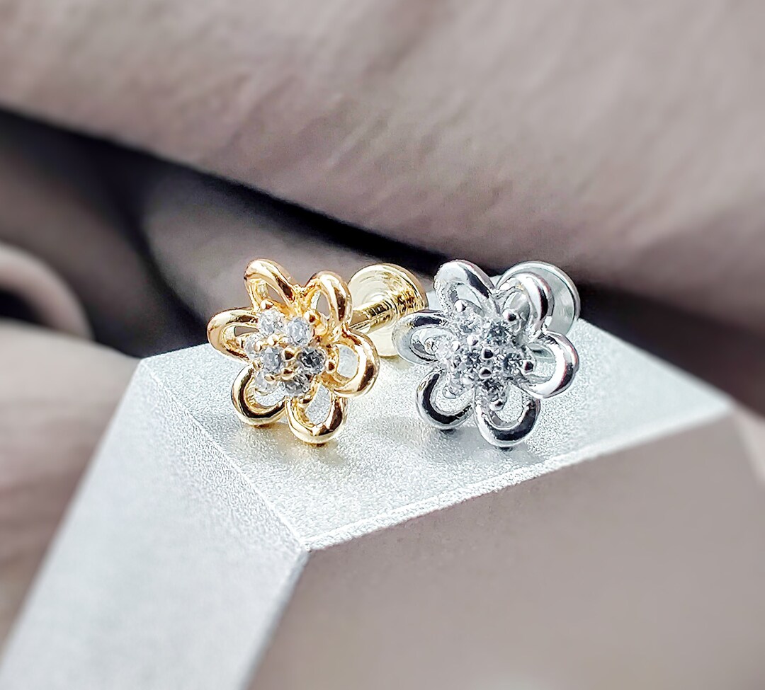 16G PAIR Blossom Flower CZ Cartilage Stud Earrings, Internally Threaded Helix Stud Earrings ...