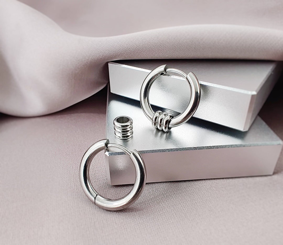 3 Ring Cylinder Charm Hoop Earrings, Convertible 2 in 1 Surgical Steel ...