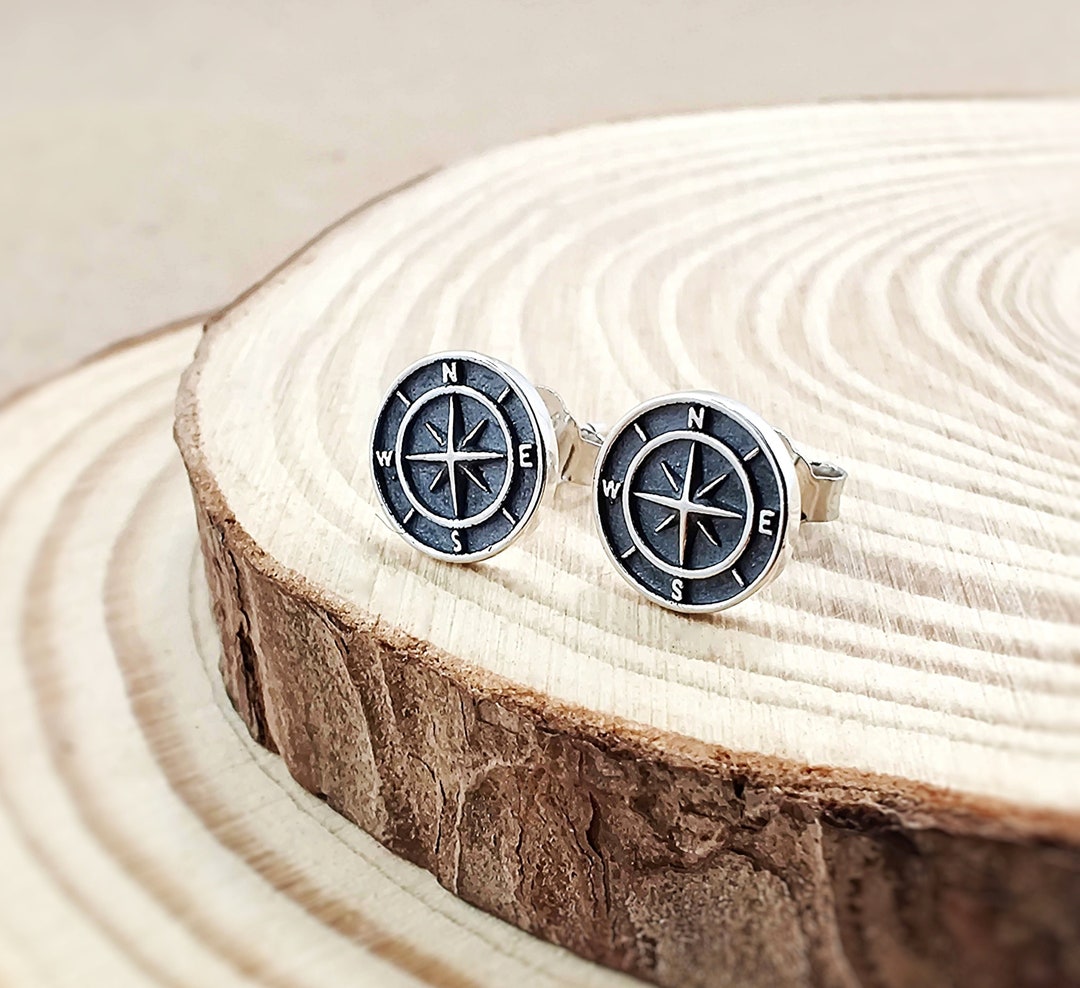 Oxidized Gunmetal Compass Silver Stud Earrings, Button Compass 925 ...