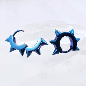 Tiny Spike Blue Pair Hoop Huggies Steel Earrings Punk | Etsy