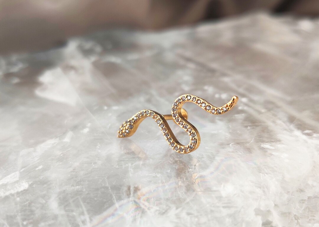 16G Gold CZ Snake Ear Crawler Cartilage Earrings, Serpent Crystals ...