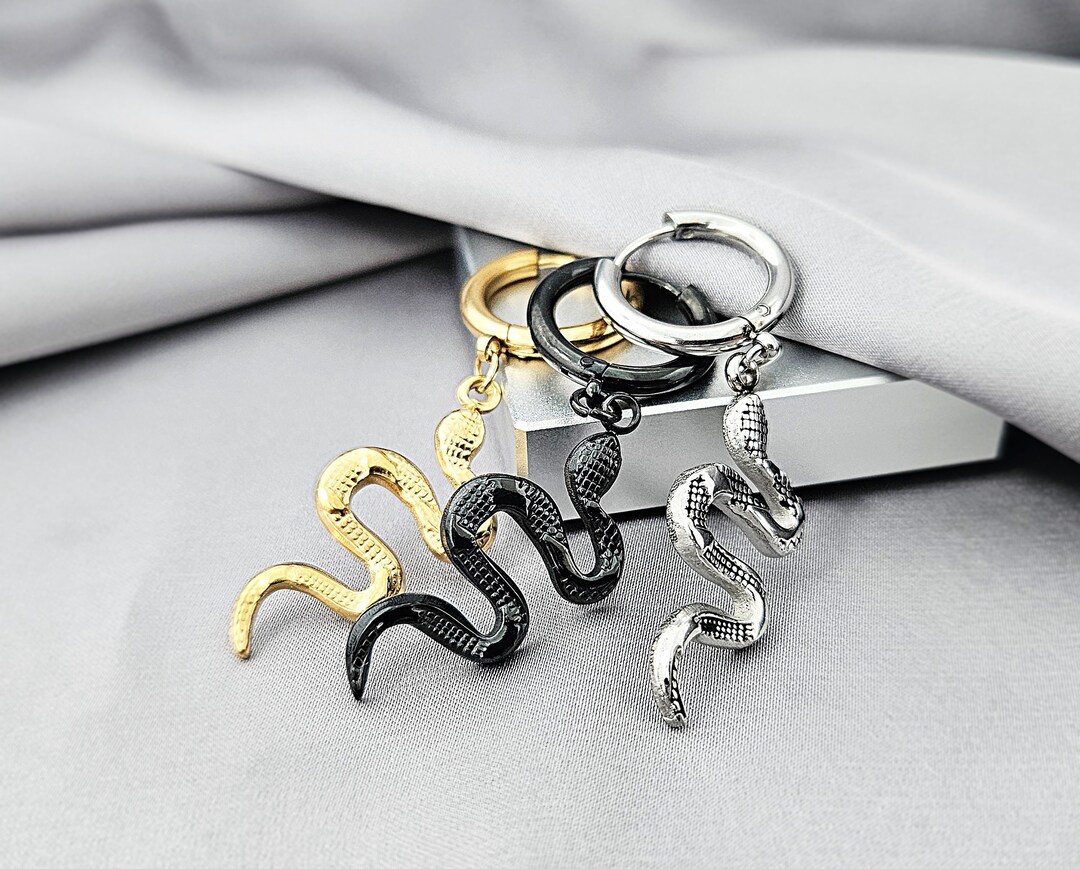 Hoop Earrings With Long Snake Charm, Cool Animal Surgical Steel Jewelry ...