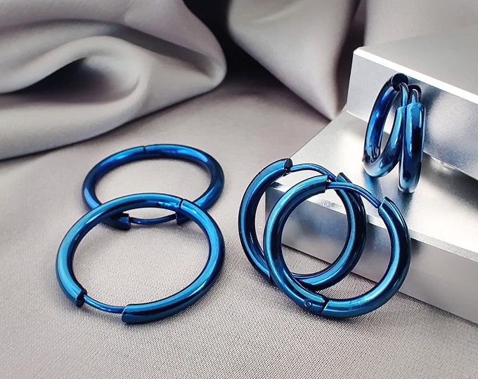 2.5MM Classic Blue Hoop Earrings, Simple Surgical Steel Huggie Hoops ...