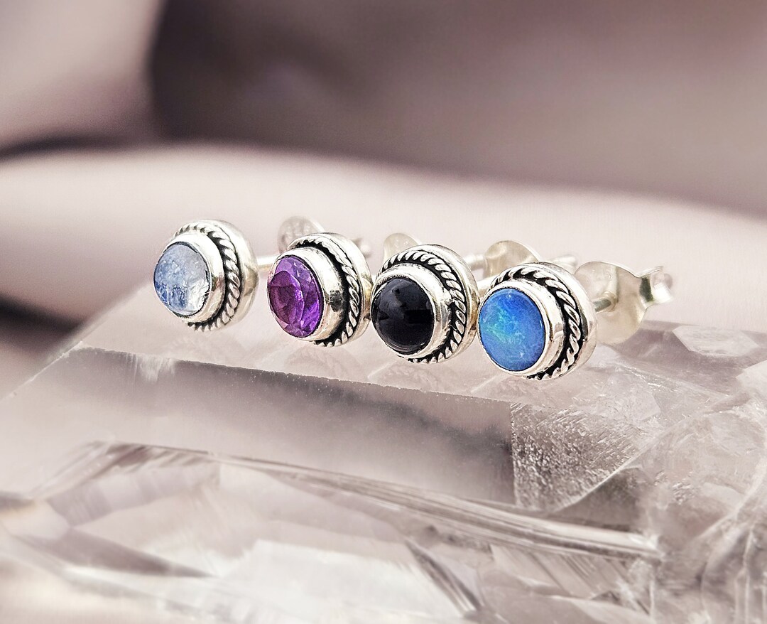 Natural Stone Small Round Stud Earrings,925 Sterling Silver Boho ...