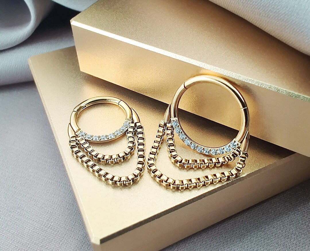 16G Gold CZ Double Chains Hoop Cartilage, 316L Surgical Steel Cubic ...
