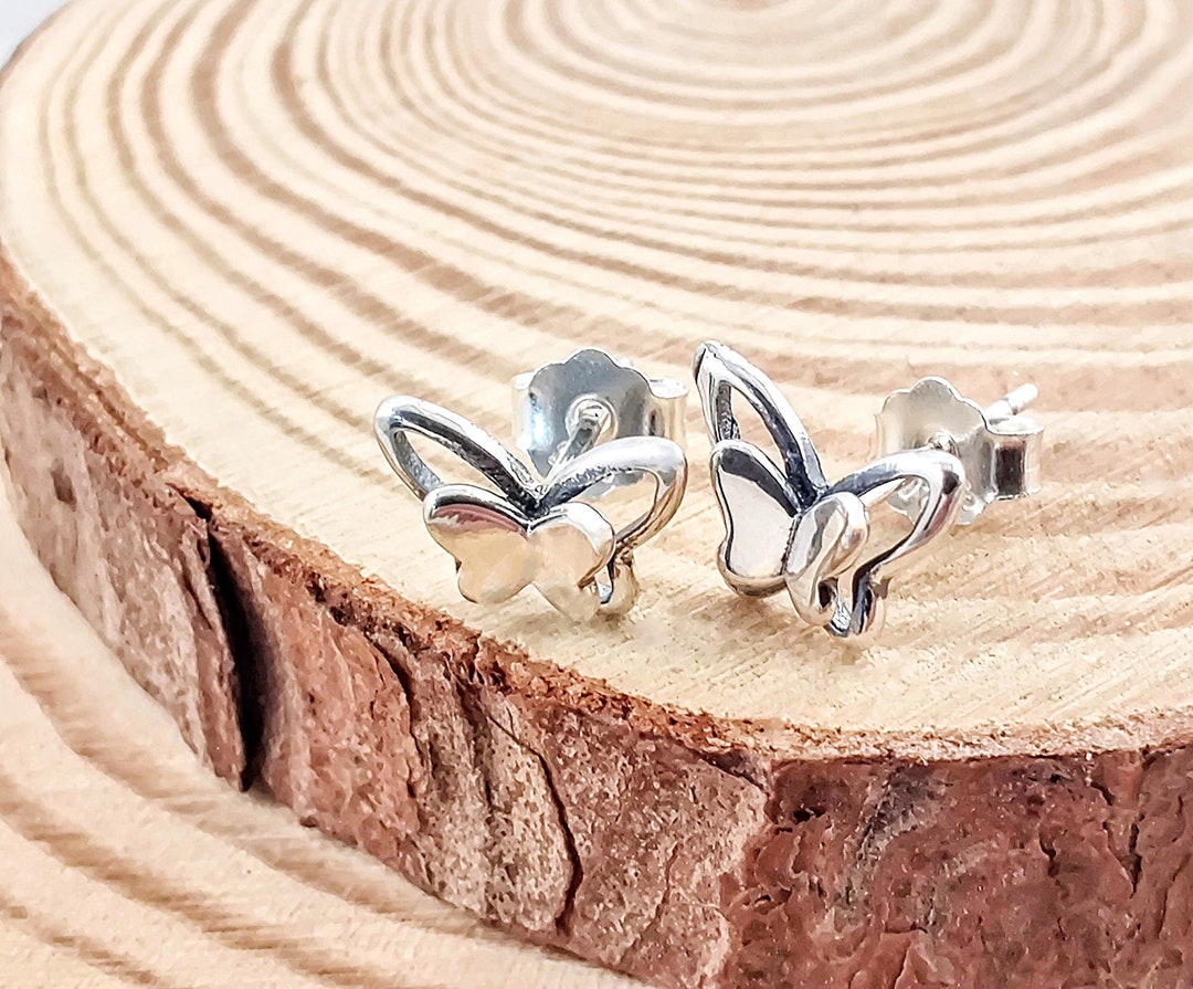 Double Butterflies Silver Stud Earrings, 3D Butterfly 925 Sterling ...