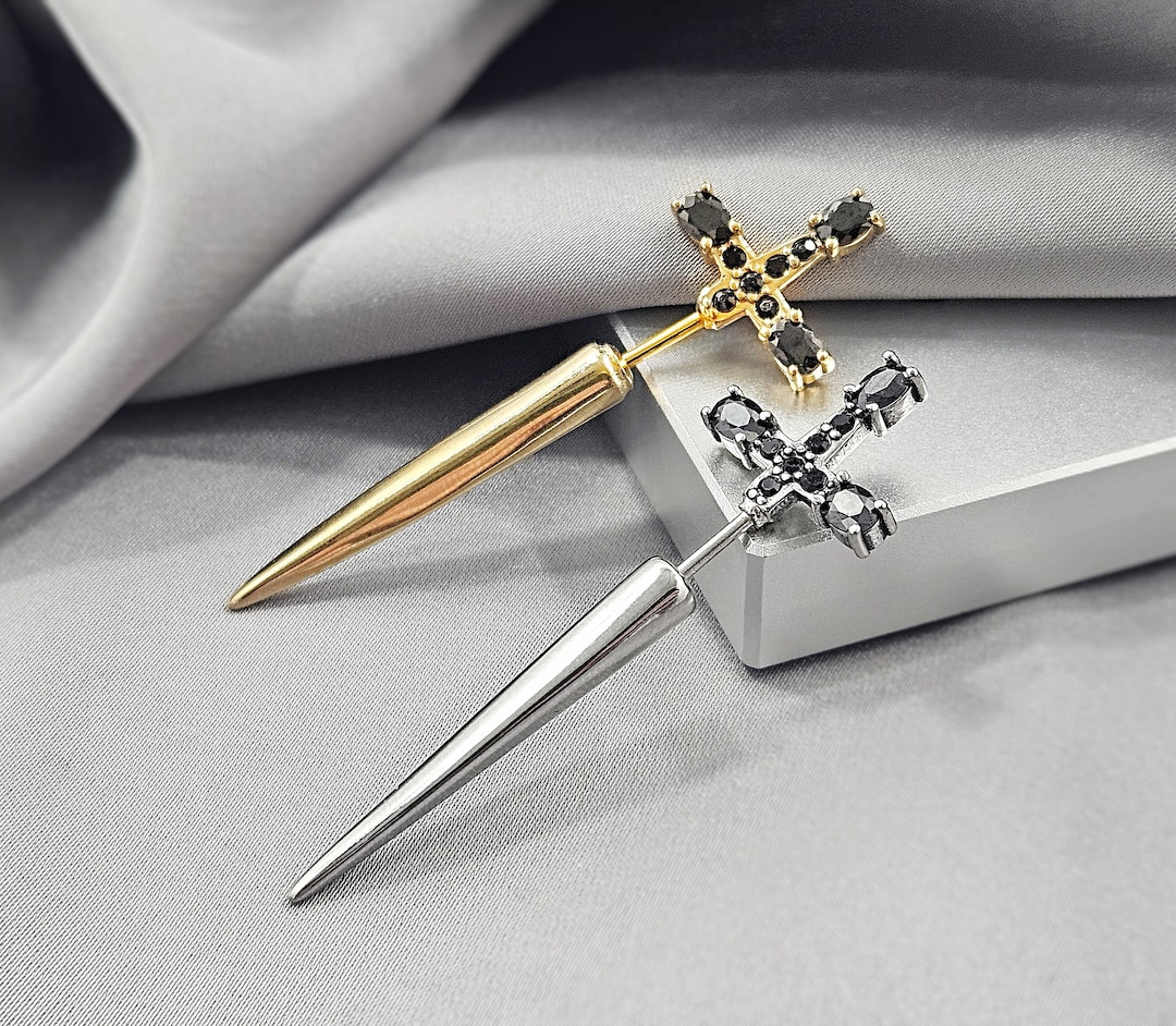 Front Back Statement Sword Earrings Black CZ , Gothic Fake Gauge ...