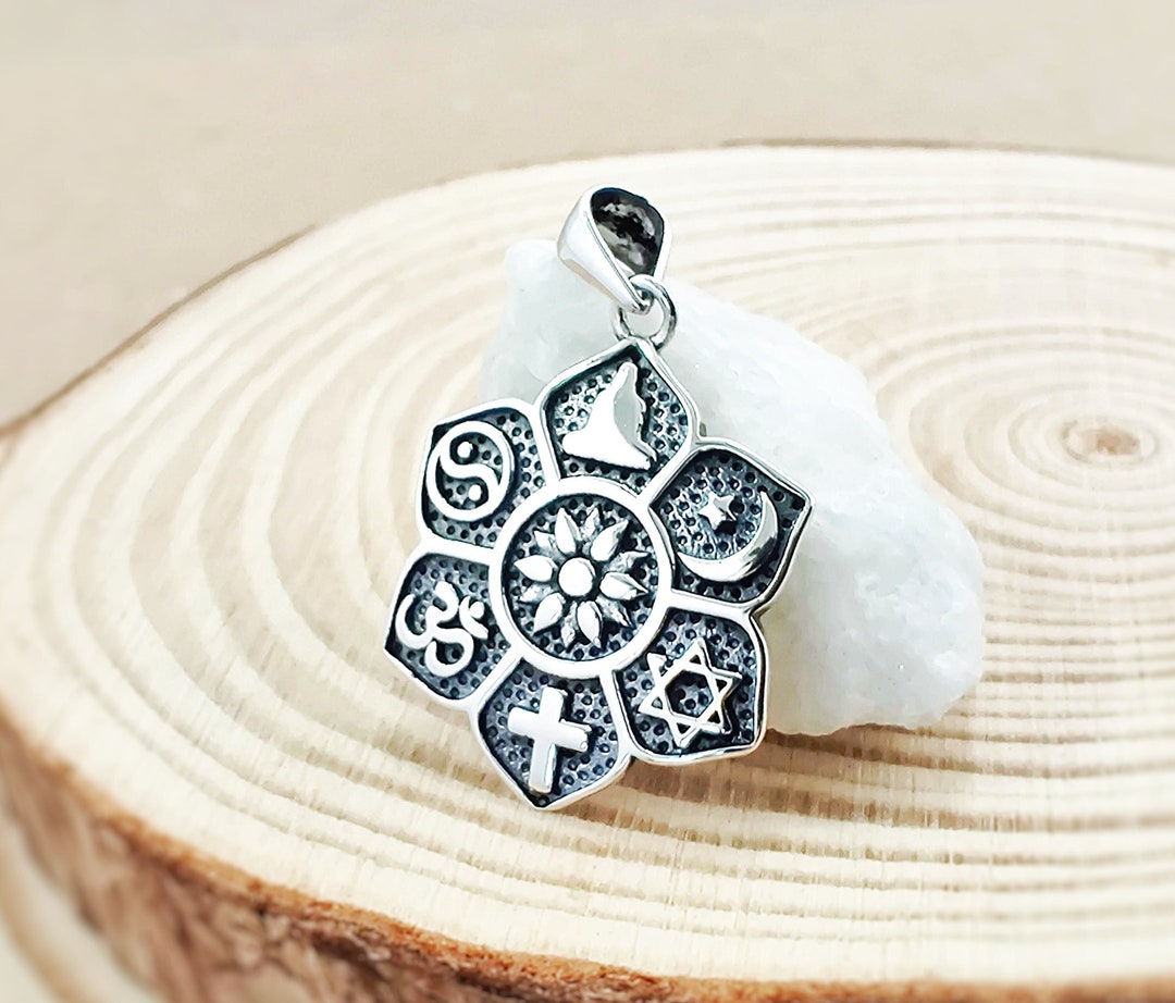 Coexist Spiritual Lotus Silver Pendant, Religious Symbols 925 Sterling ...