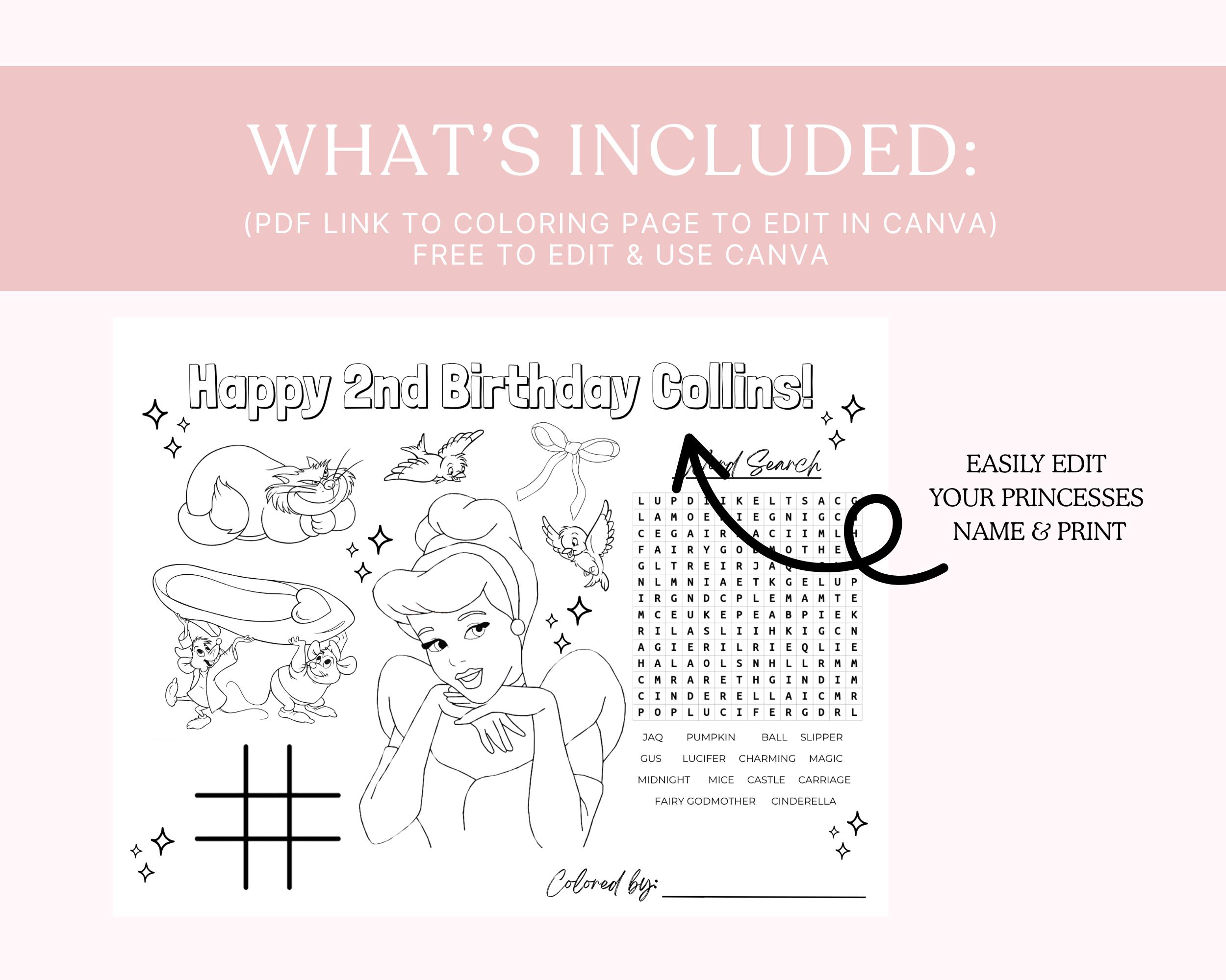Princess Birthday Coloring Sheet: Editable Cinderella Party Activity ...