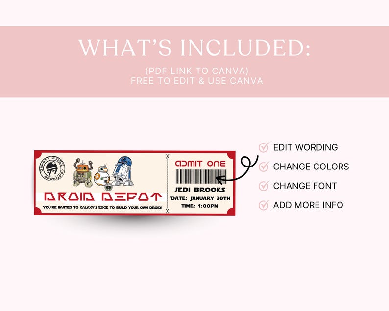 Personalized Droid Depot Ticket, Surprise Vacation Ticket, Editable ...